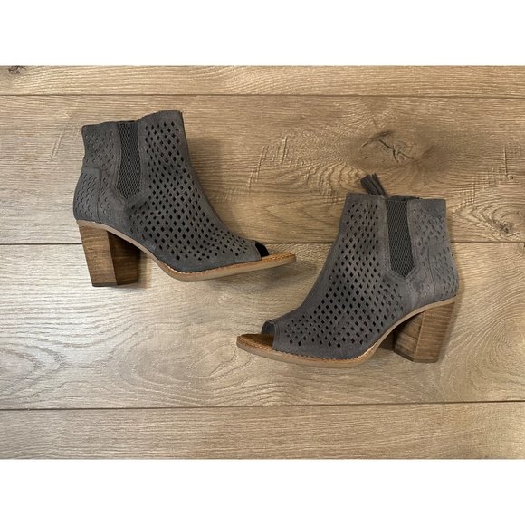 Toms | Shoes | Toms Majorca Peep Toe Stacked Heels Grey 9 | Poshmark
